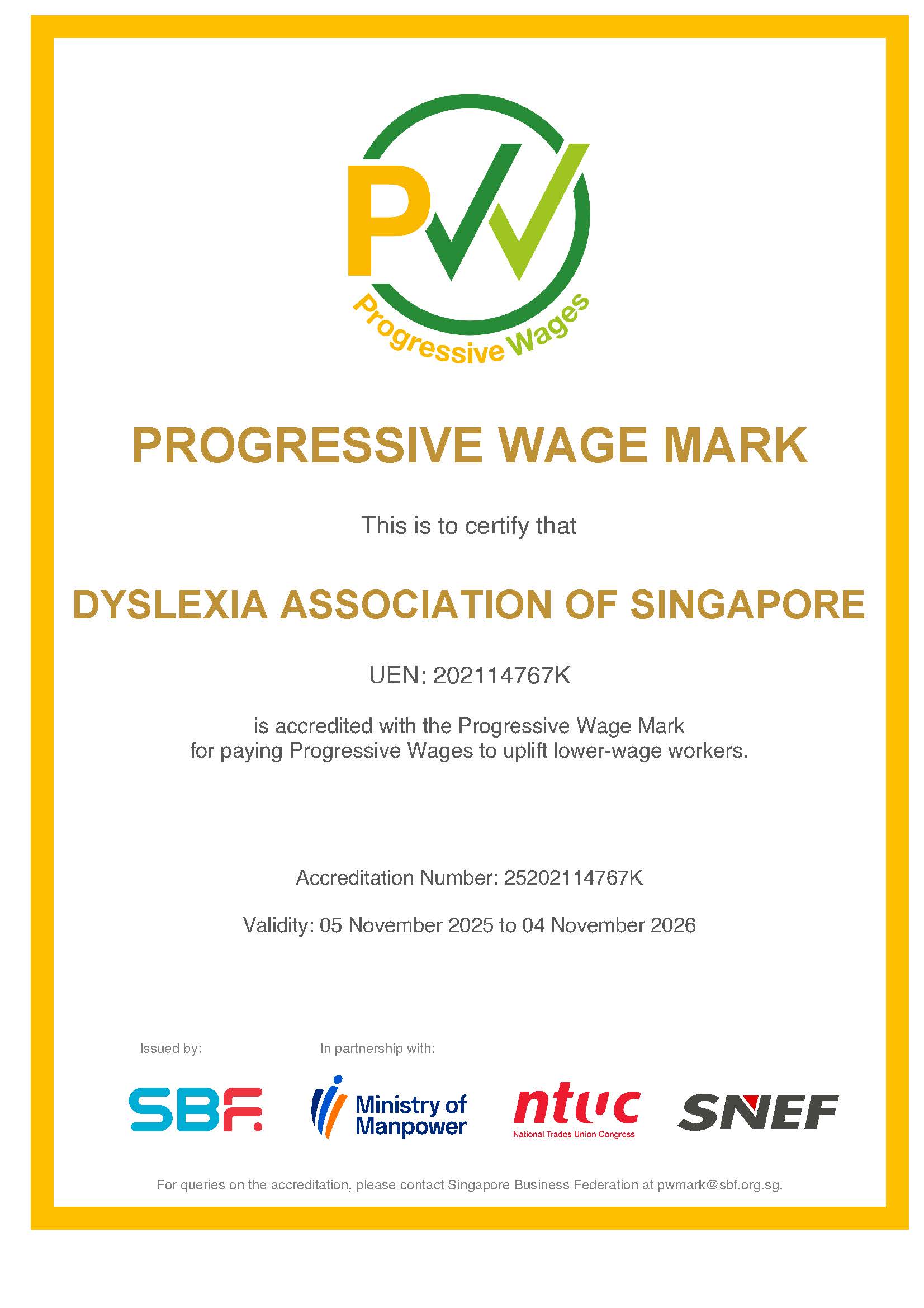 Progressive Wage Mark Accreditation - Dyslexia Association of Singapore